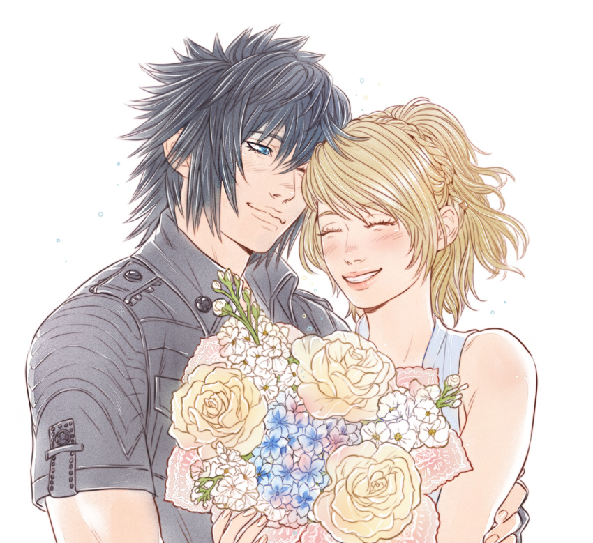 Safebooru - 1boy 1girl bare shoulders birthday black gloves black hair black jacket blonde hair ...