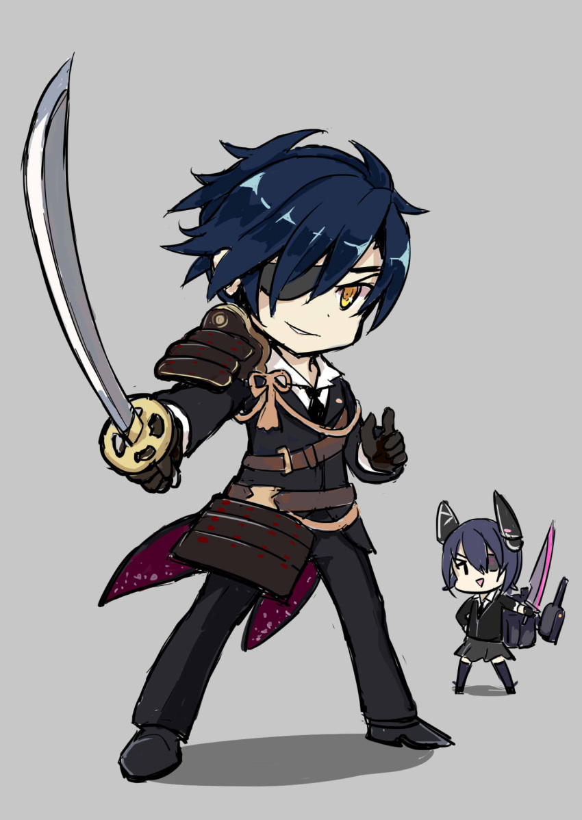 Safebooru - >:d 1boy 1girl :d blue hair chibi crossover eyepatch ...