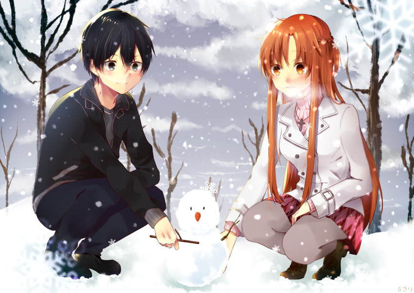 Safebooru - 1boy 1girl asuna (sao) black eyes black hair breath brown eyes brown hair g-buri ...