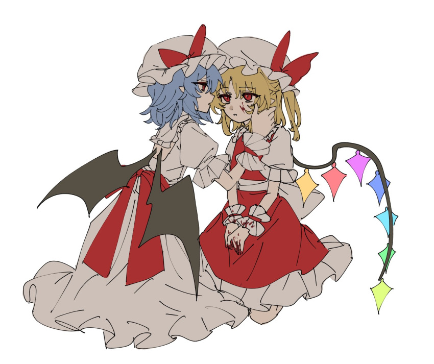 Safebooru - 2girls back bow bat wings blonde hair blood blood on face ...