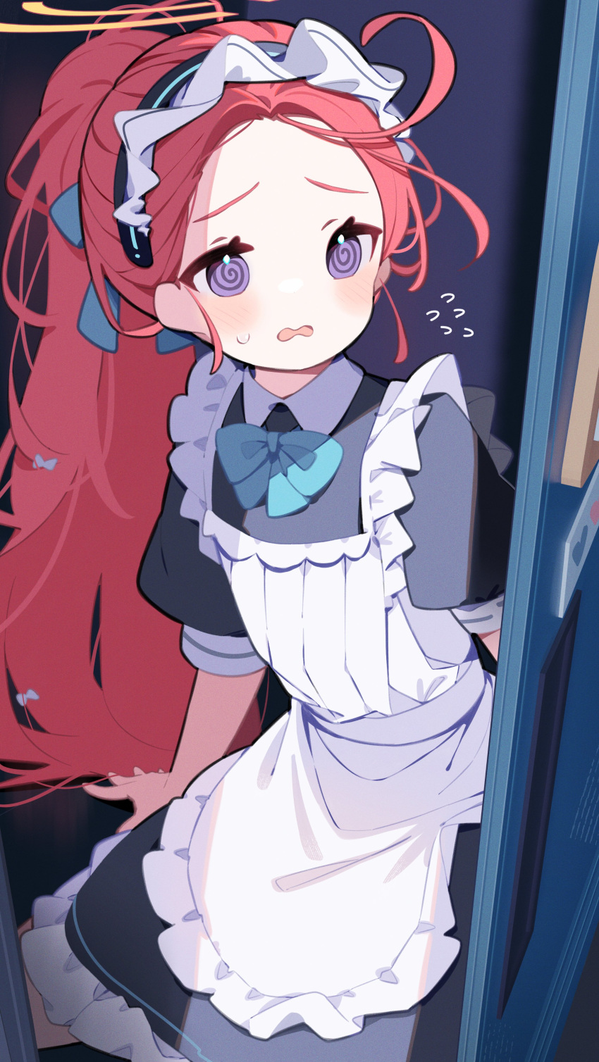 Safebooru - 1girl @ @ absurdres apron aqua bow aqua bowtie black dress ...