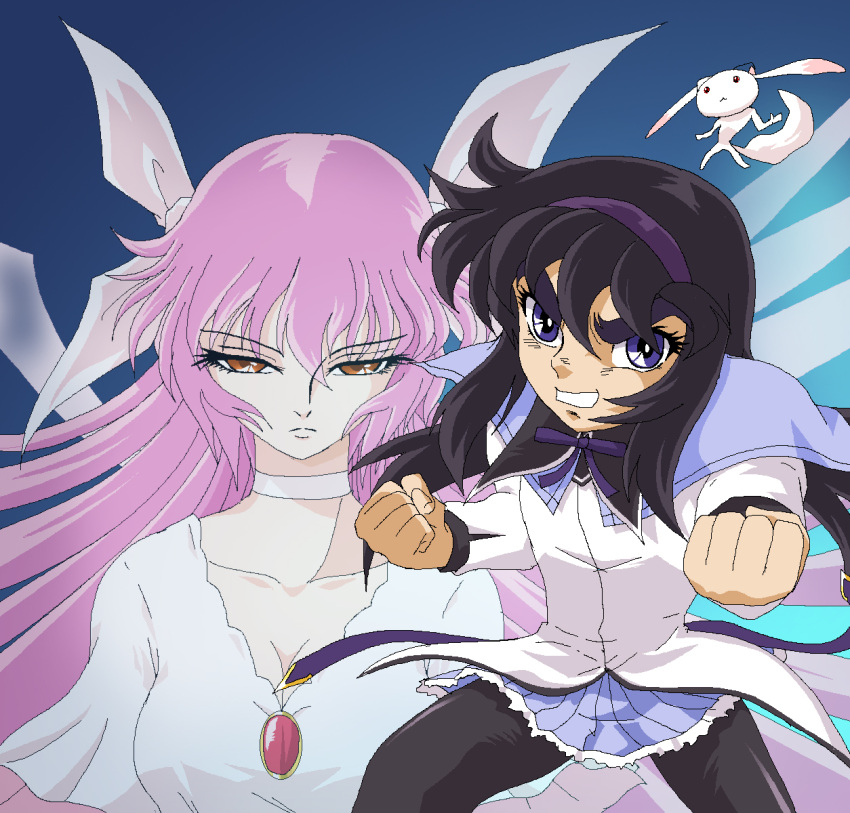 Safebooru - 2girls akemi homura black hair bow dress goddess madoka hair bow hair ribbon ...