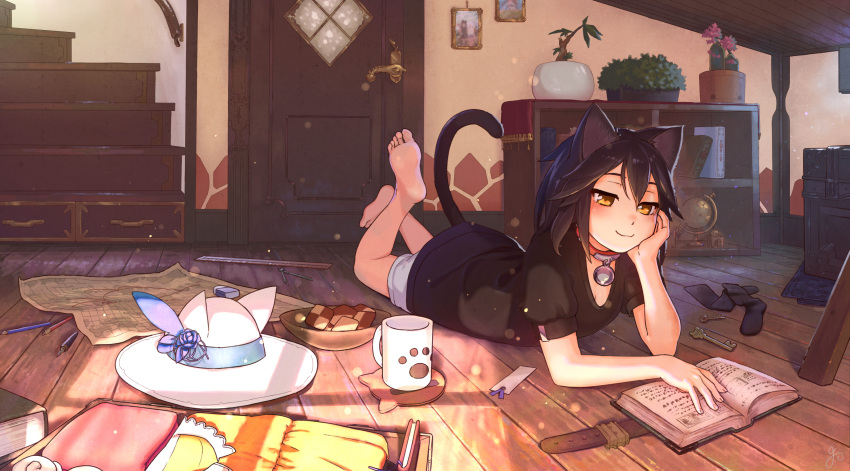 Safebooru - 1girl :3 animal ears barefoot black hair book bookshelf brown eyes cat ears cat tail ...