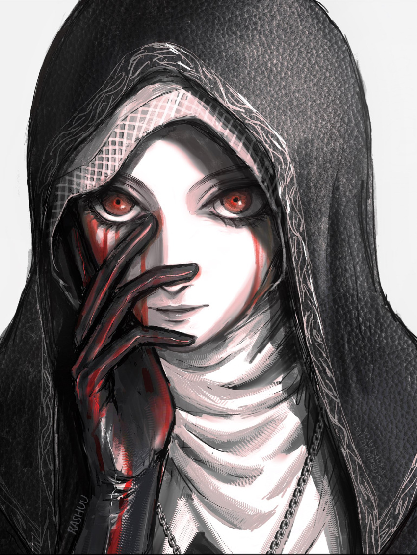 Safebooru - 1girl black gloves black hood blood blood on arm blood on ...