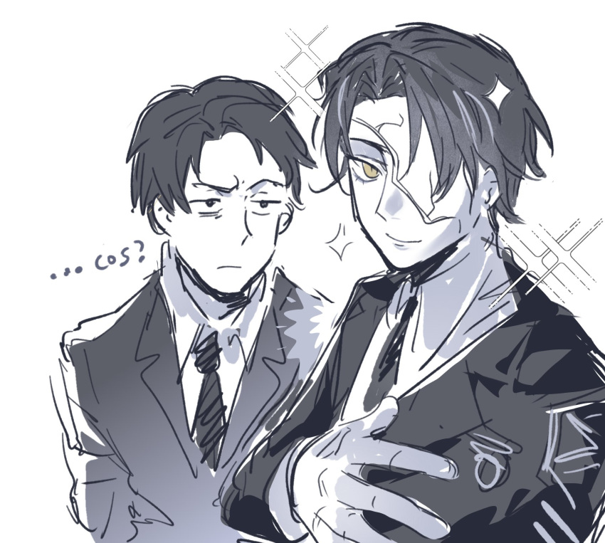 Safebooru - 2boys annoyed black jacket closed mouth collared shirt ...
