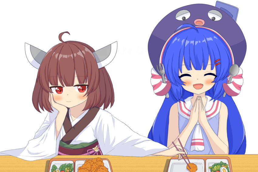 Safebooru - 2girls ahoge blue hair blush brown hair chicken (food ...