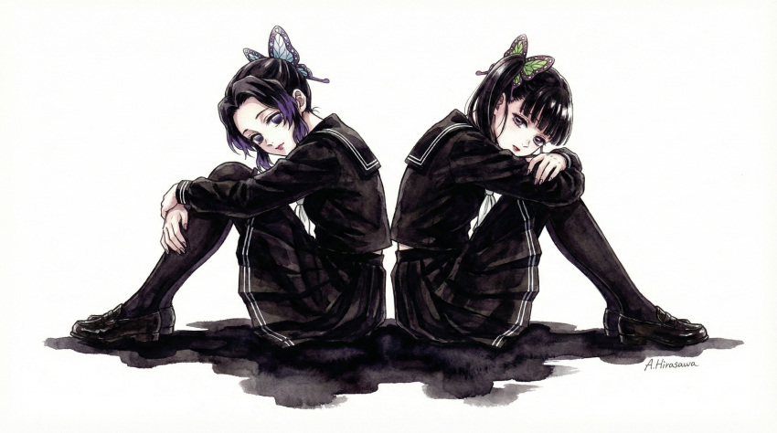 Safebooru - 2girls arms on knees artist name black eyes black hair ...