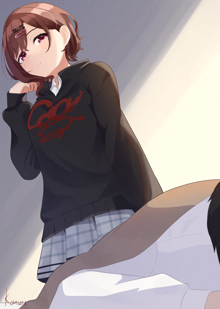 Safebooru - 1boy 1girl artist name black shirt blush brown hair ...