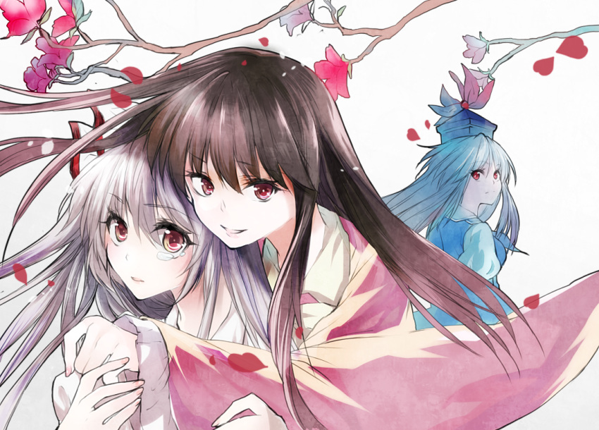 Safebooru - 3girls black hair blue hair bow flower fujiwara no mokou ...