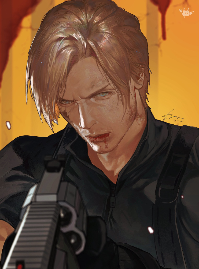 Safebooru - 1boy black shirt blonde hair gun hashtag-only commentary ...