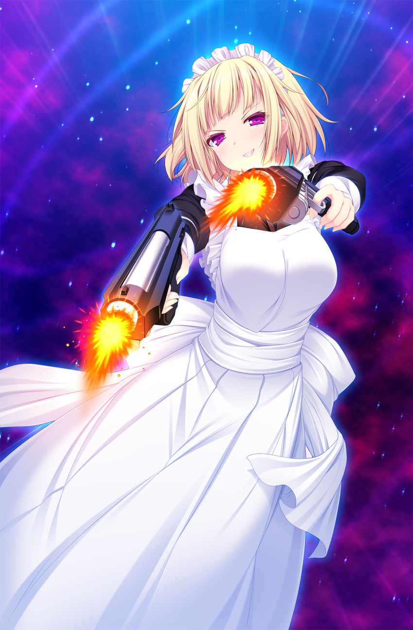 Safebooru - 1girl apron blonde hair dual wielding game cg gun harvest overray highres maid maid ...