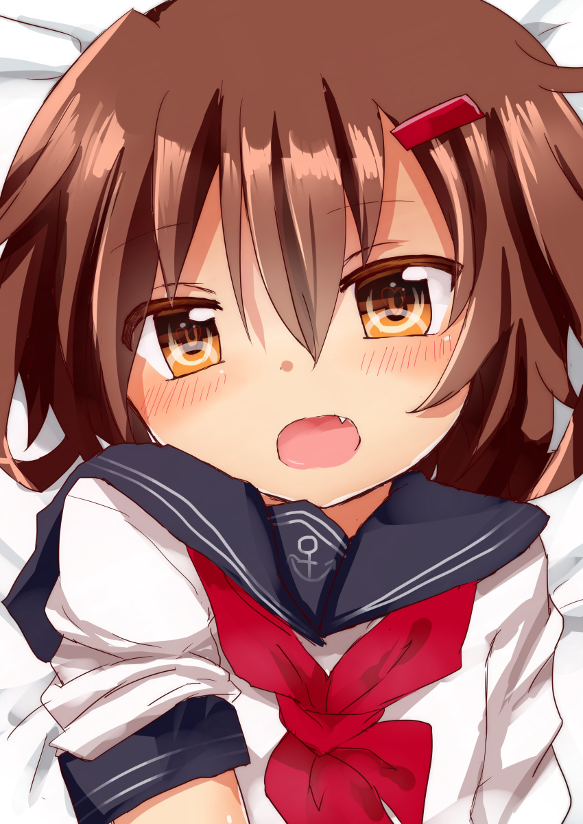 Safebooru - 1girl absurdres blush brown eyes bust fang hair ornament ...