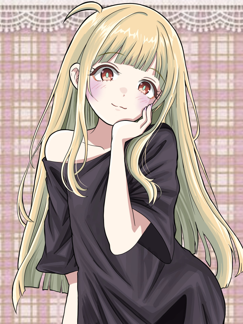 Safebooru - 1girl :3 absurdres ahoge black shirt blonde hair blush ...