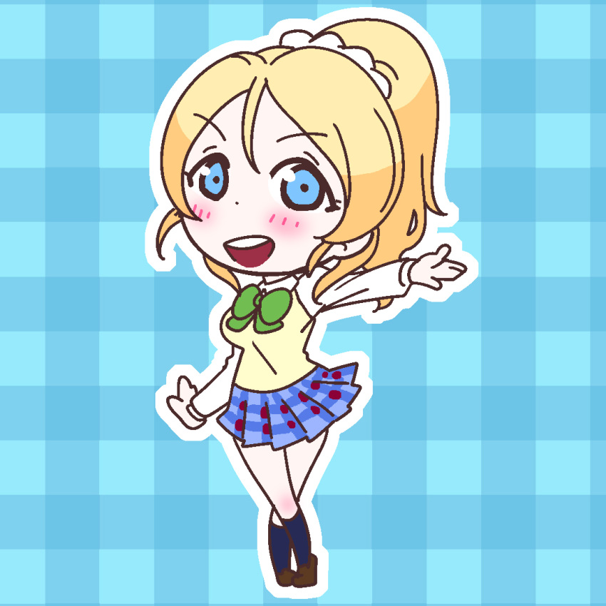Safebooru - 1girl ayase eli blazer blonde hair blue background blue eyes bowtie brown shoes ...