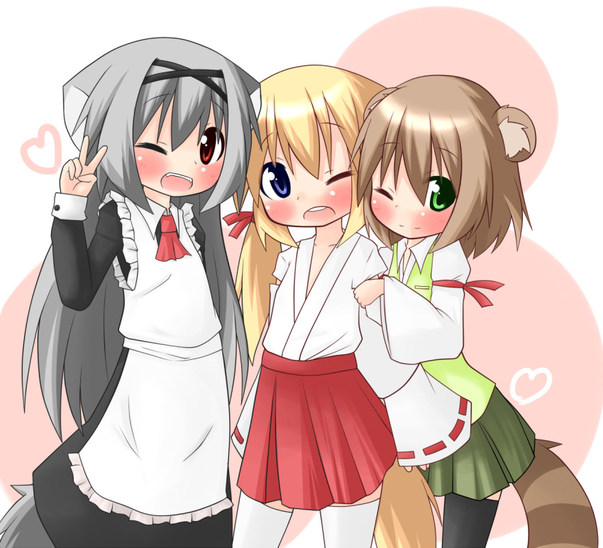 Safebooru - 3girls animal ears blue eyes fox tail green eyes japanese ...