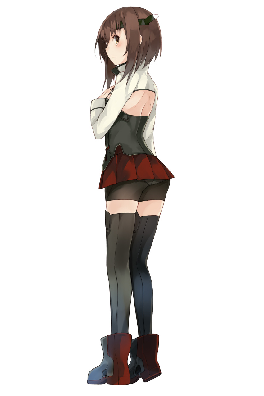 Safebooru - 1girl back cutout bike shorts black legwear blush brown eyes brown hair from side ...