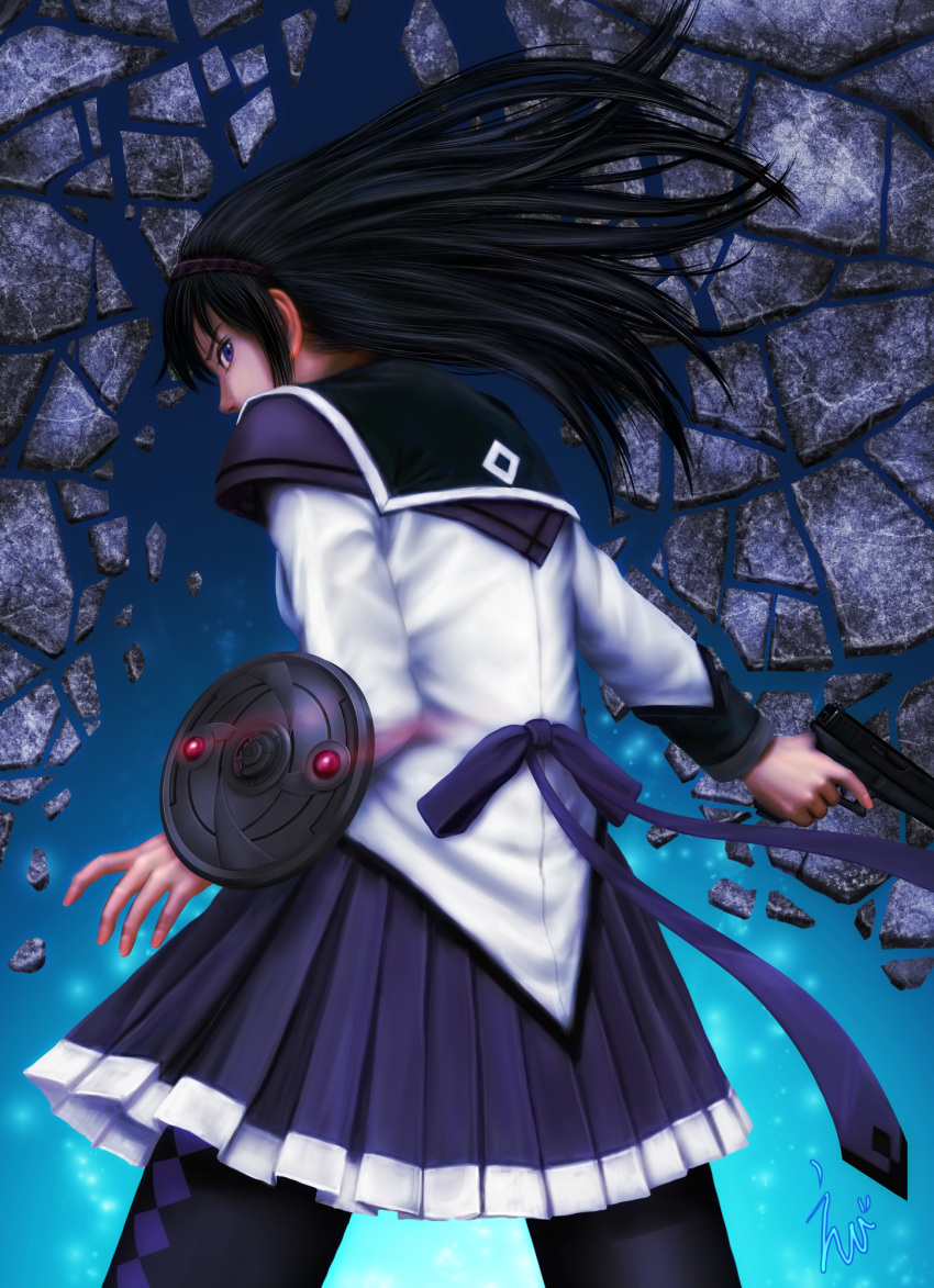 Safebooru - 1girl akemi homura argyle argyle legwear black hair broken ebi (eeotoko) from behind ...
