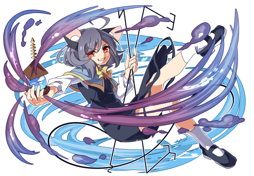 Safebooru - 1girl animal ears bishamonten's pagoda capelet dowsing rod dress grey hair grin ...