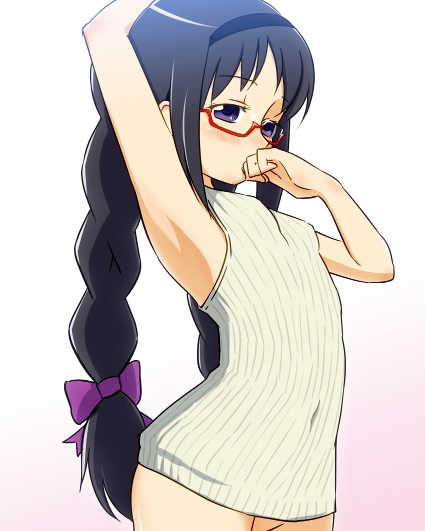 Safebooru - 1girl akemi homura arm up black hair bottomless bow braid glasses hair bow hairband ...