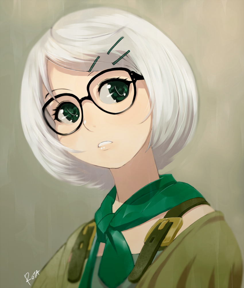 Safebooru - 1girl artist name bob cut glasses green eyes grey ...