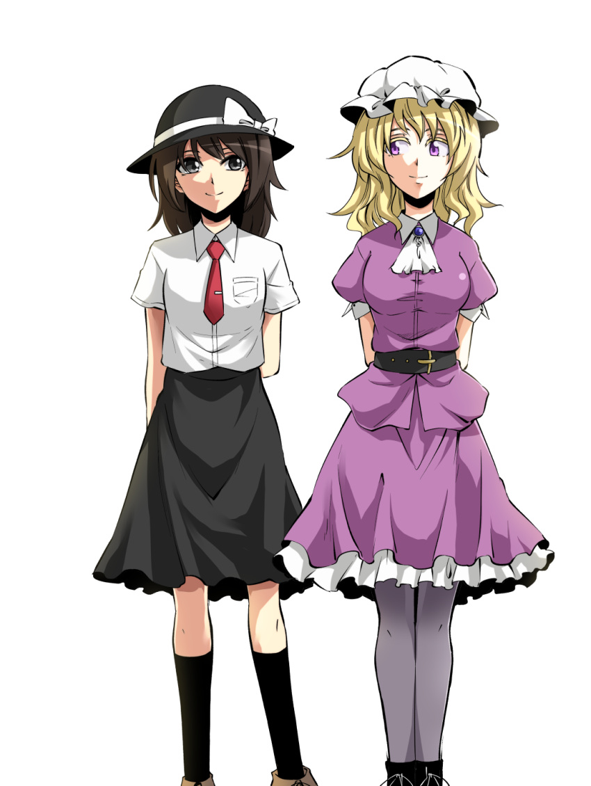 Safebooru - 2girls arms behind back ascot belt blonde hair bow brown eyes brown hair hat hat bow ...