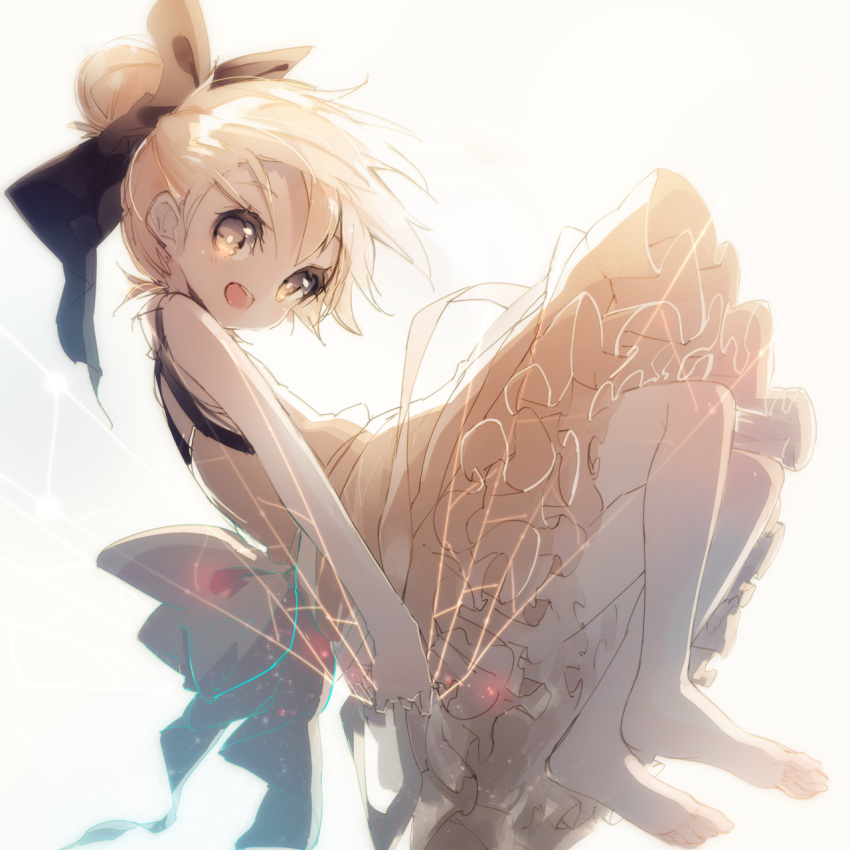 Safebooru - 1girl adapted costume bare arms bare legs blonde hair blush bow dress frilled dress ...
