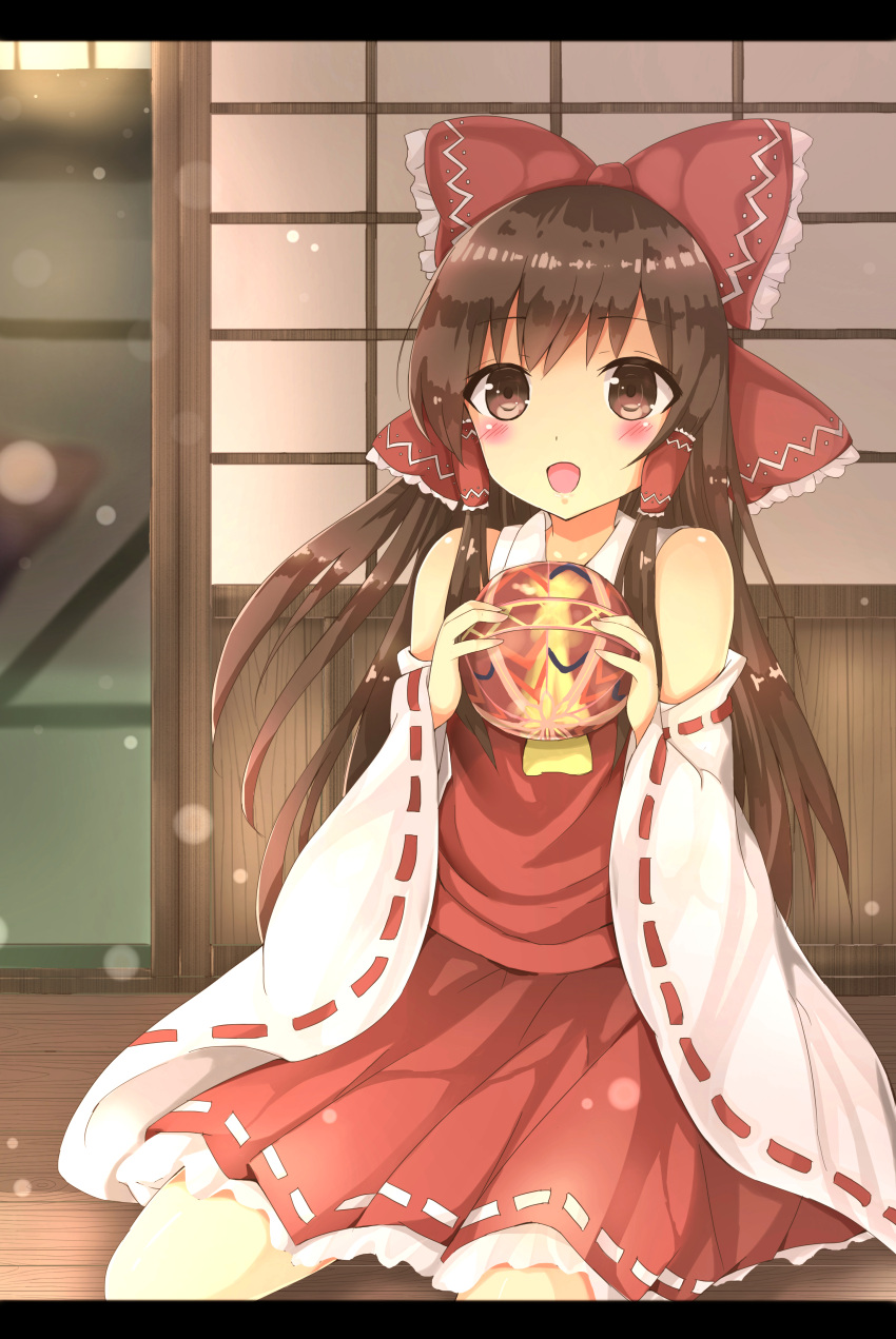 Safebooru - 1girl :d absurdres ascot ball bare shoulders blush bow brown eyes brown hair ...