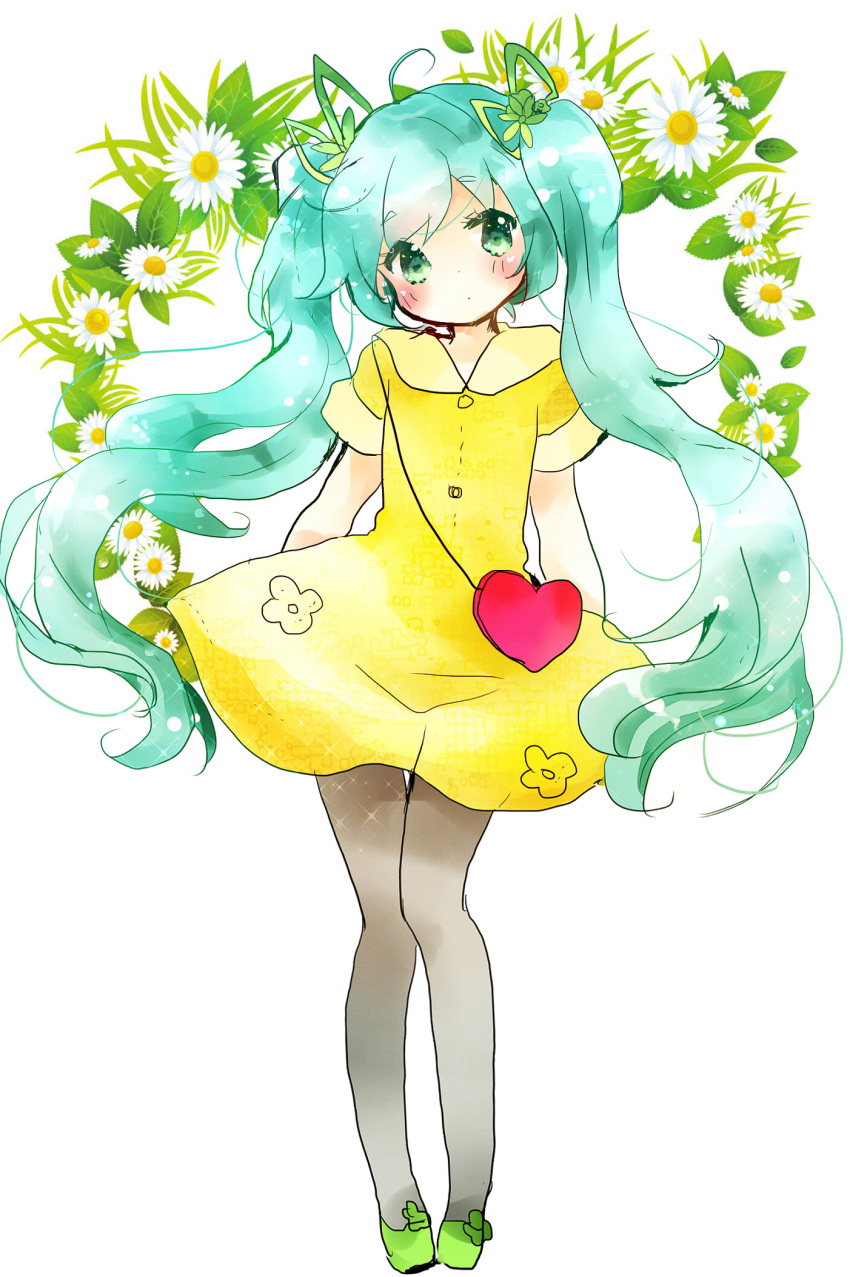 Safebooru - 1girl ahoge aqua hair bag bow daisy dress flower full body ...