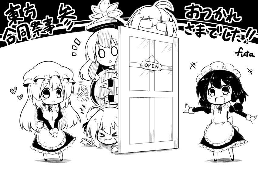 Safebooru - 1boy 5girls :d ahoge alternate costume bun cover chibi enmaided futa4192 glasses ...