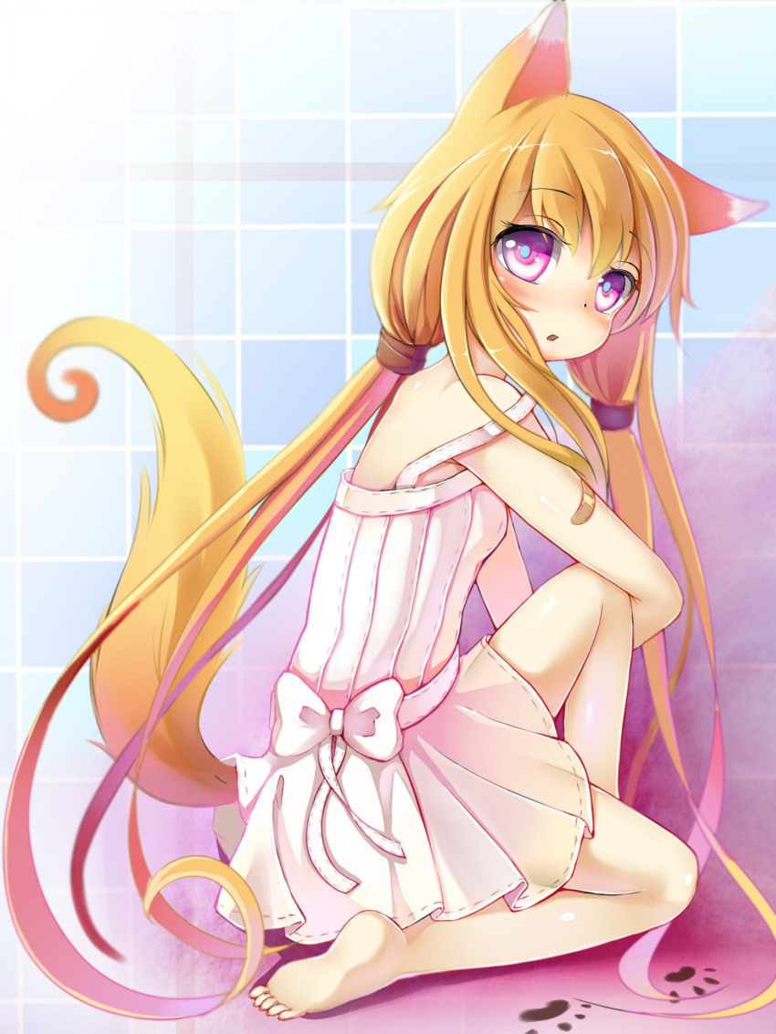 Safebooru - 1girl absurdres animal ears barefoot blonde hair fox ears fox tail highres long hair ...