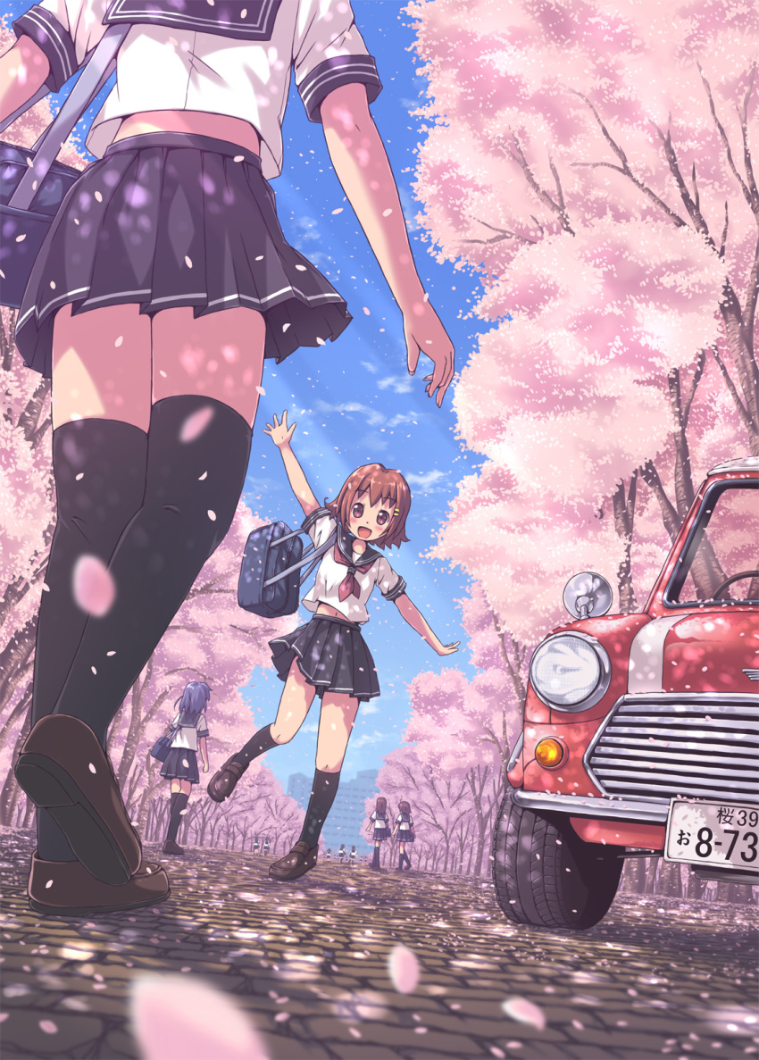 Safebooru - 6+girls :d aki (akisora hiyori) bag black legwear blue hair ...