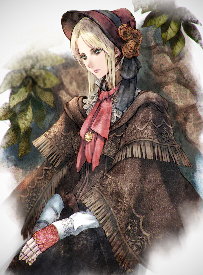 Safebooru - 1girl blonde hair bloodborne bonnet cloak doll joints expressionless flower green ...
