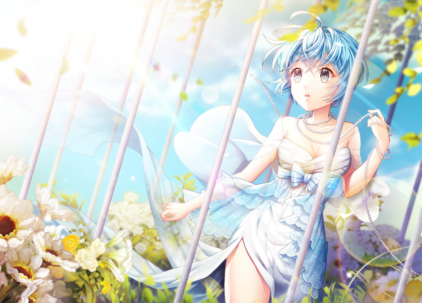 Safebooru - 1girl bare shoulders black eyes blue hair breasts cleavage dress flower jewelry ...