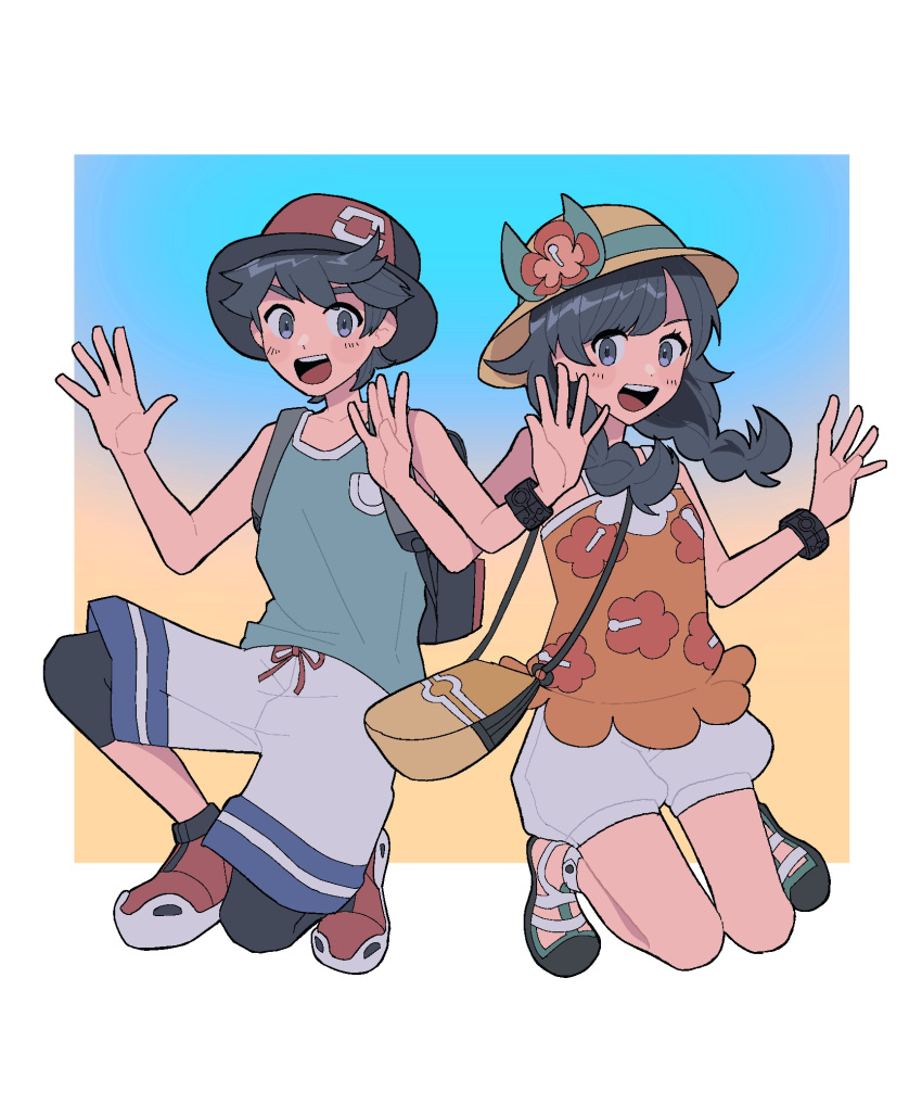 Safebooru - 1boy 1girl :d backpack bag black hair black leggings ...