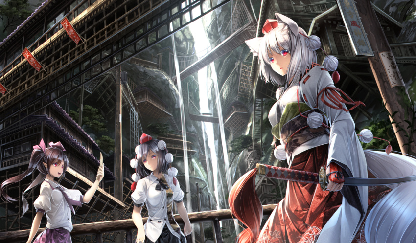 Safebooru - 3girls animal ears black hair cellphone checkered checkered ...