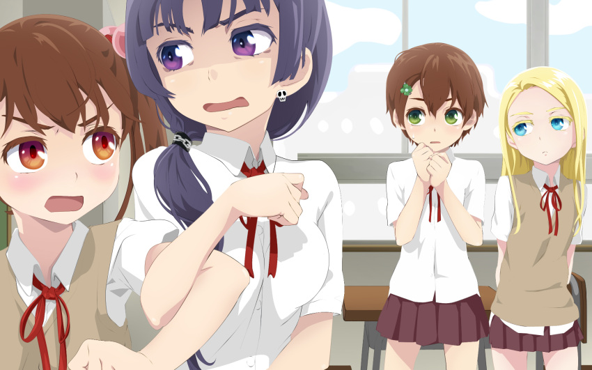 Safebooru - 1boy 3girls androgynous arguing blonde hair blue eyes blush brother and sister brown ...