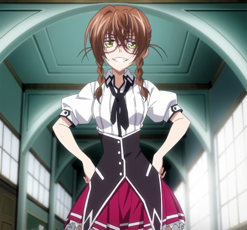 Safebooru - braid brown hair glasses hallway hands on hips high school ...