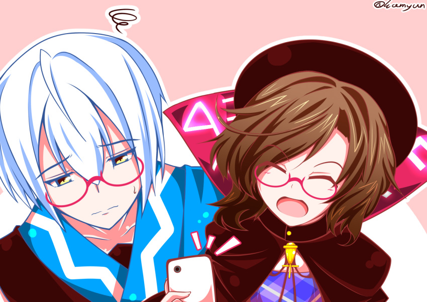 Safebooru - 1boy 1girl ahoge brown hair cape closed eyes frown glasses ...