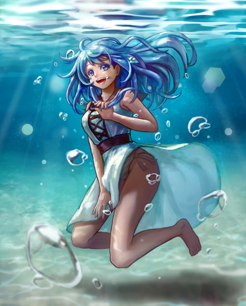 Safebooru - air bubble bare legs barefoot blue eyes blue hair breath bubble dress freediving ...