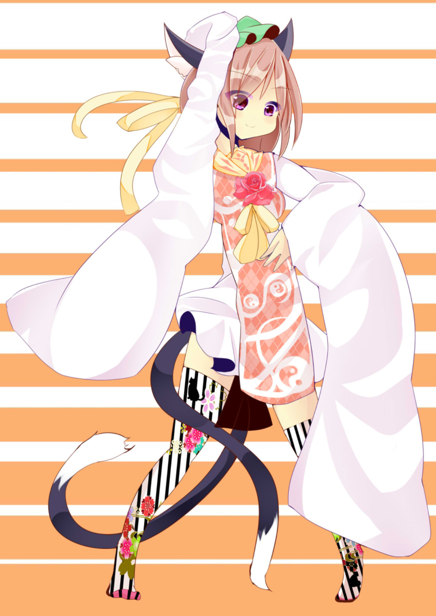 Safebooru - 1girl alternate costume animal ears argyle arm above head ascot bakeneko brown hair ...