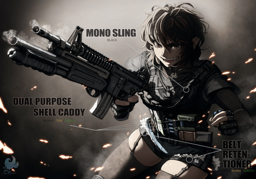 Safebooru - 1girl assault rifle black gloves black legwear brown eyes brown hair fingerless ...