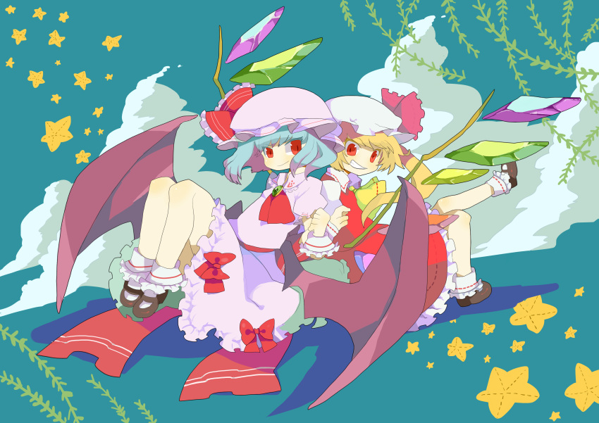 Safebooru - 2girls absurdres ascot bat wings blonde hair blue hair bow flandre scarlet grin hat ...