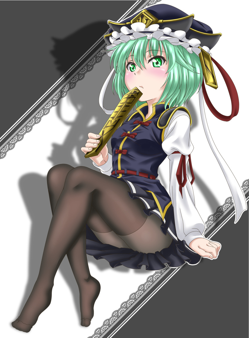 Safebooru - 1girl arm ribbon belt bike shorts black legwear blush green eyes green hair hat hat ...