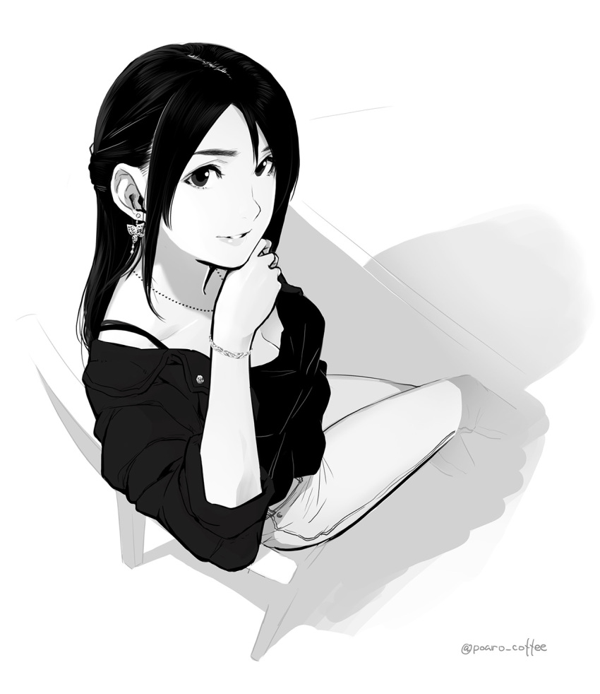 Safebooru - 1girl bracelet breasts cleavage earrings from above highres jewelry long hair ...