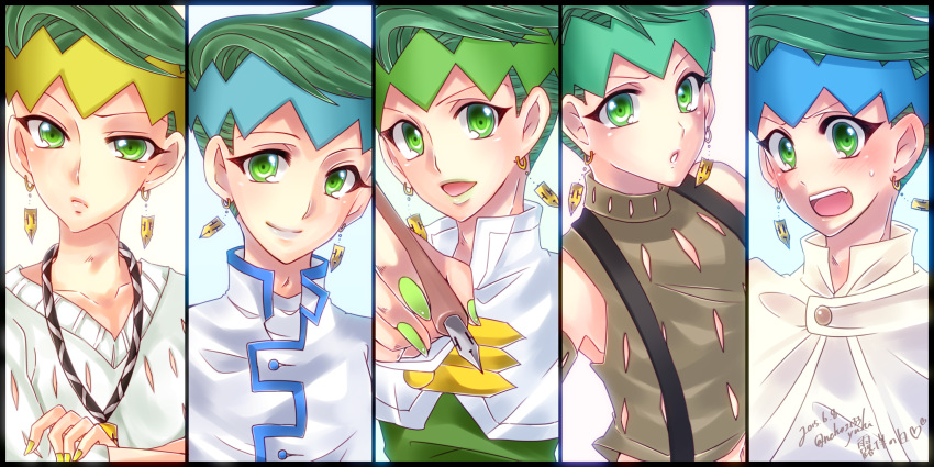 Safebooru - 5boys earrings green eyes green hair headband highres ...
