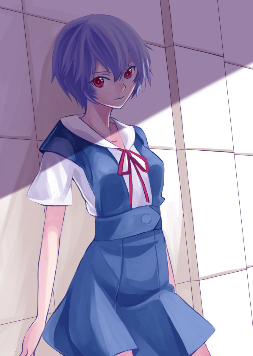 Safebooru - 1girl ayanami rei blue hair bowtie highres leaning back looking at viewer neon ...