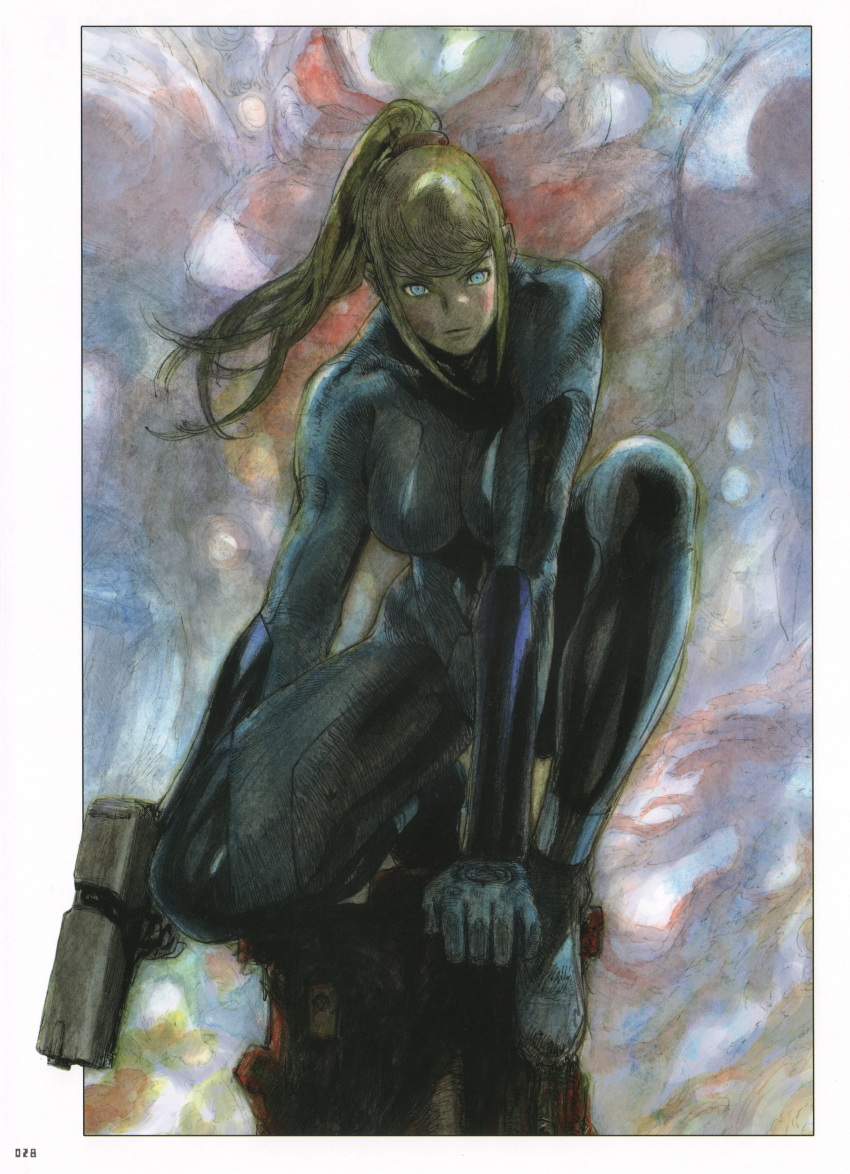 Safebooru - 1girl absurdres blonde hair blue eyes bodysuit breasts gun handgun highres kneeling ...