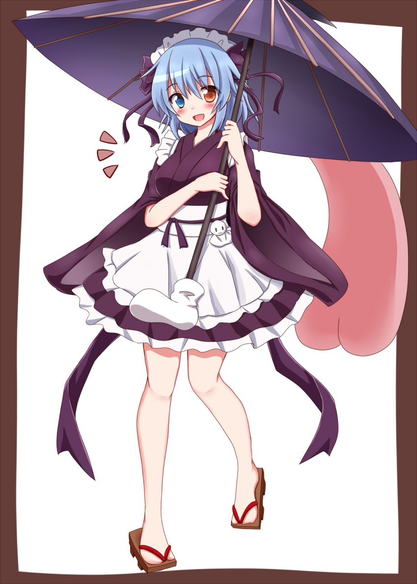 Safebooru - 1girl alternate costume apron blue hair enmaided geta hachimi heterochromia highres ...