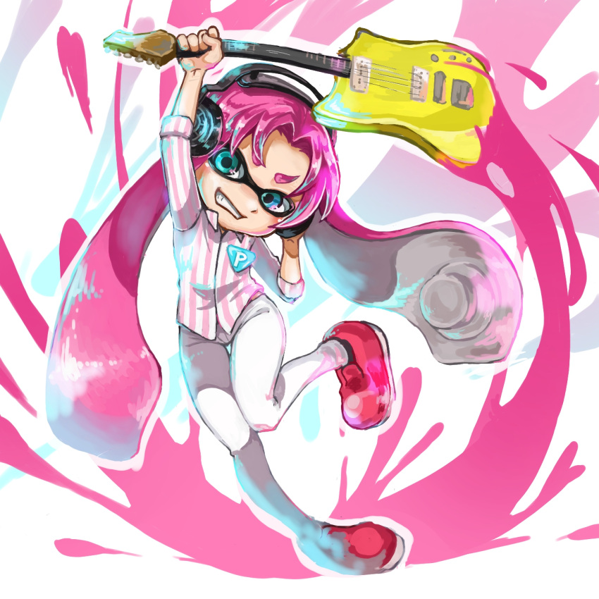 Safebooru - 1girl aqua eyes arm up badge bangs blush dress shirt electric guitar eyebrows grin ...