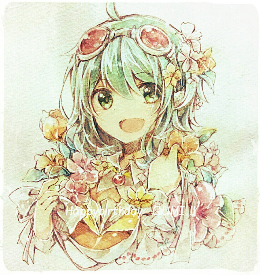 Safebooru - 1girl flower goggles goggles on head green eyes green hair ...